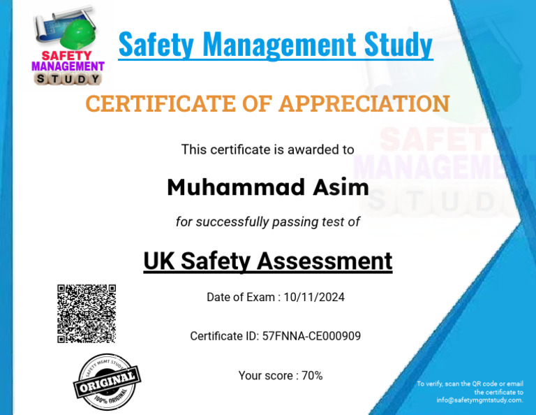 Certificate For Muhammad Asim For - UK Safety Assessment | PDF