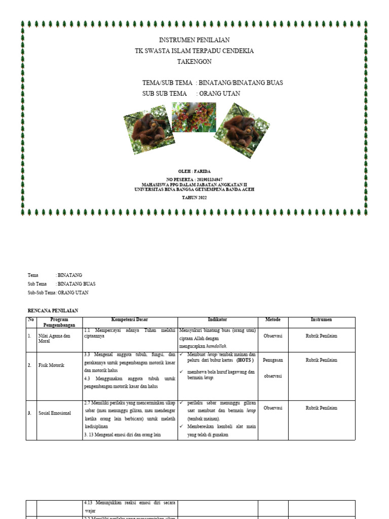 INSTRUMEN PENILAIAN_TEMA BINATANG_compressed | PDF