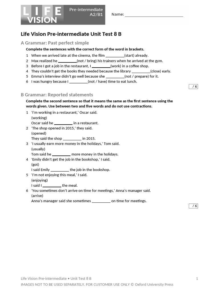 Life Vision Pre-Intermediate Unit 8 Test | PDF | Vocabulary | Linguistics