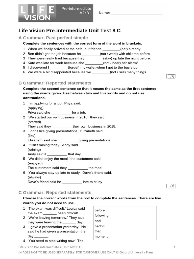Life Vision A2-B1 - Unit 8 - Original - Recuperação | PDF | Vocabulary ...