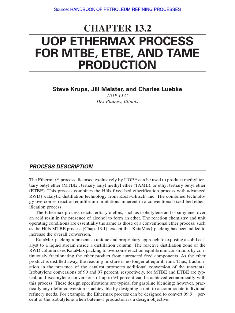 Uop Ethermax Process For Mtbe, Etbe, and Tame Production: Steve Krupa ...