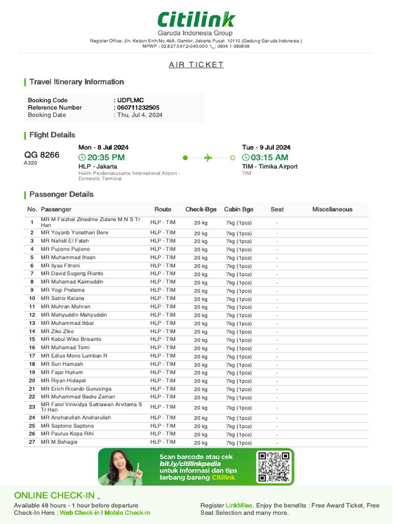 E-Ticket Hlp-Tim 08 Juli 24 Udflmc Satgas Rajawali 175pax | PDF E-Ticket Hlp-Tim 08 Juli 24 Udflmc Satgas Rajawali 175pax | PDF