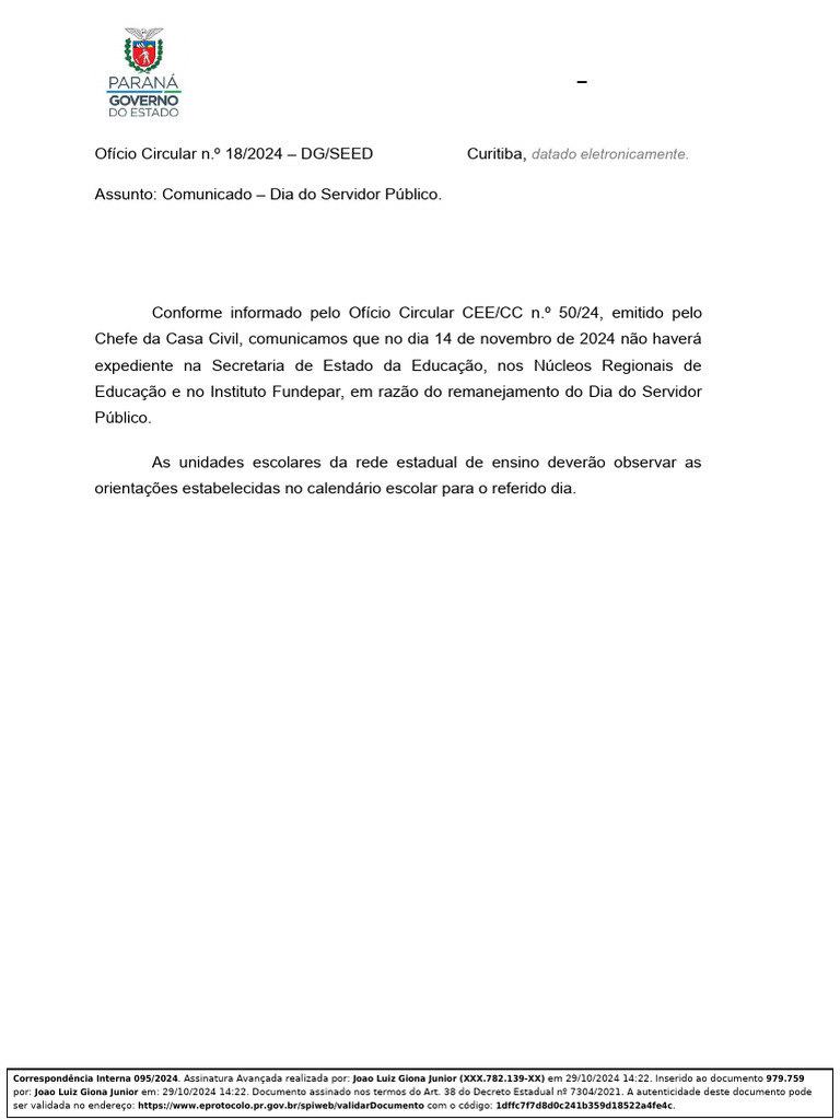 Secretaria de Estado Da Educação - Seed: Datado Eletronicamente | PDF