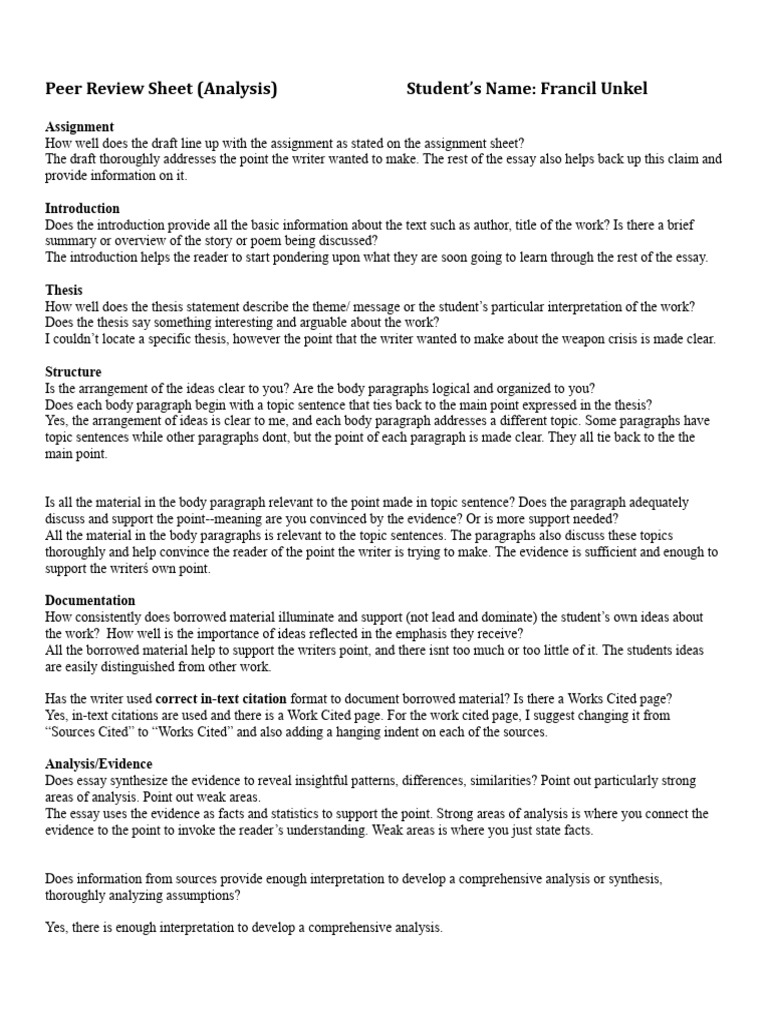 Peer Review Sheet-Analysis | PDF | Essays | Paragraph