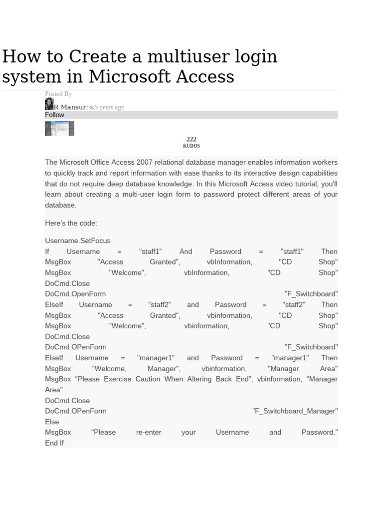 How To Create A Multiuser Login System in Microsoft Access | PDF
