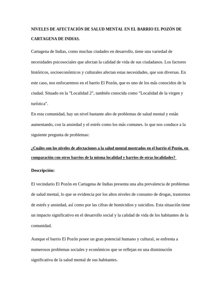 Salud Mental en El Pozón, Cartagena | PDF | Salud mental | Ansiedad