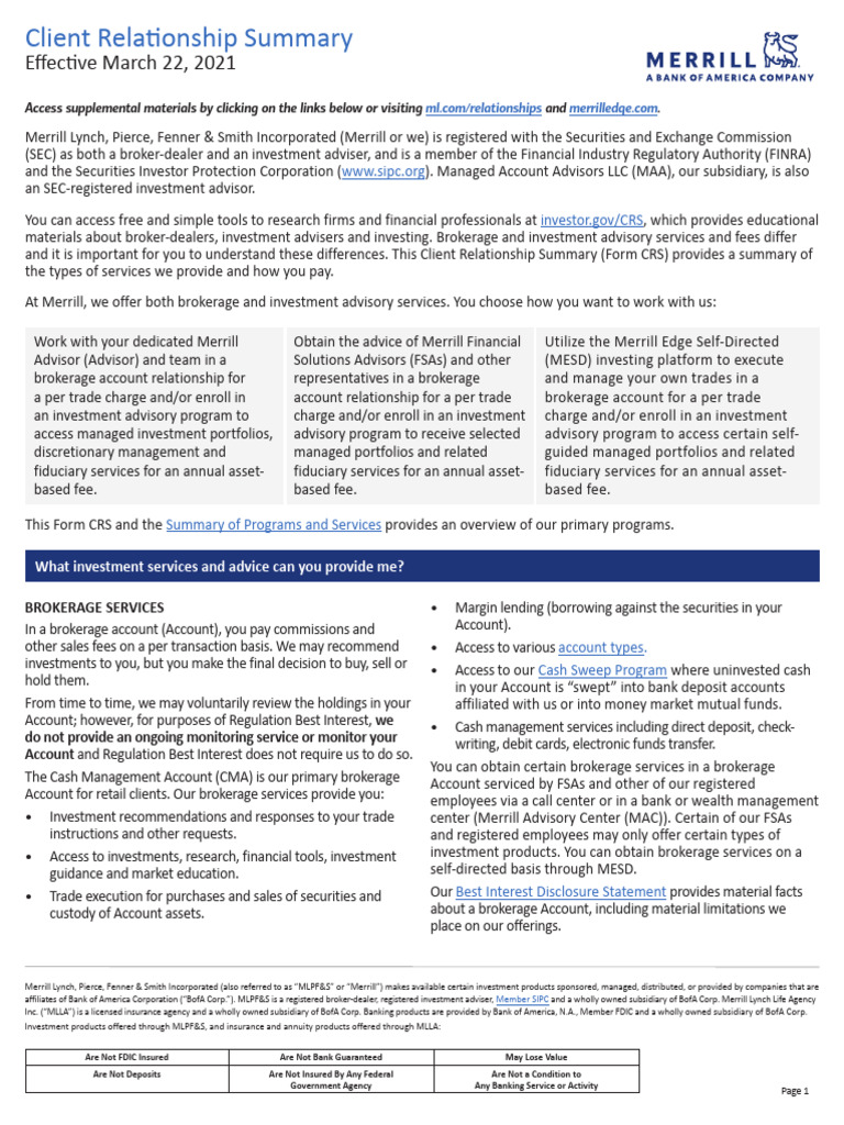 Client Relationship Summary CRS | PDF | Financial Adviser | Bank Of America