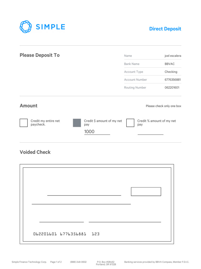 Joel Escalera Direct Deposit | PDF | Banks | Money