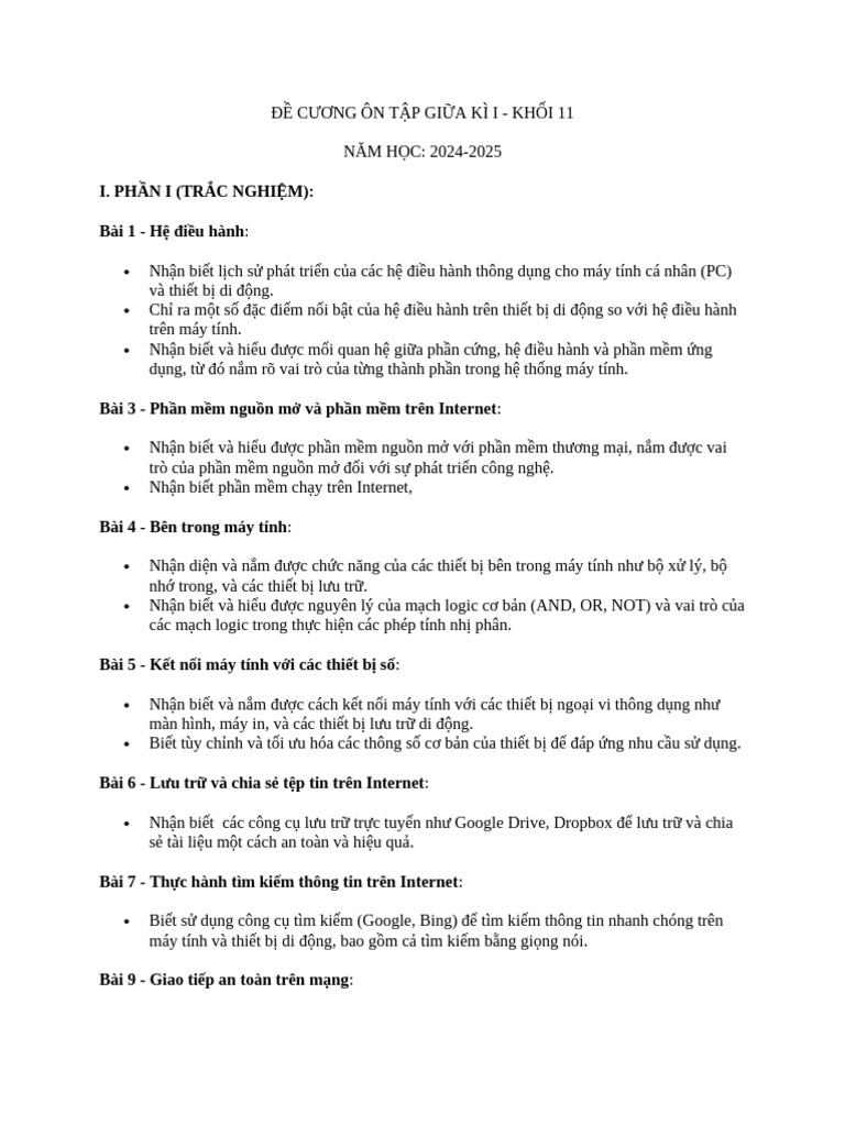 ĐỀ CƯƠNG GIỮA KÌ 1. K11.2425 | PDF