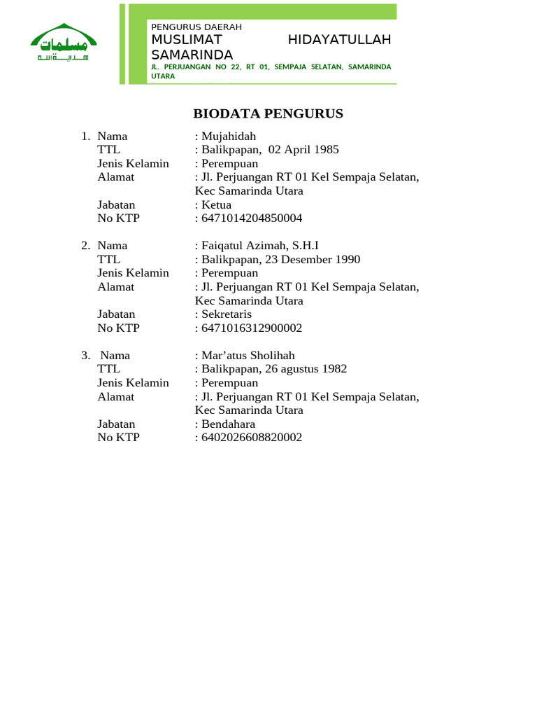 Biodata Pengurus | PDF