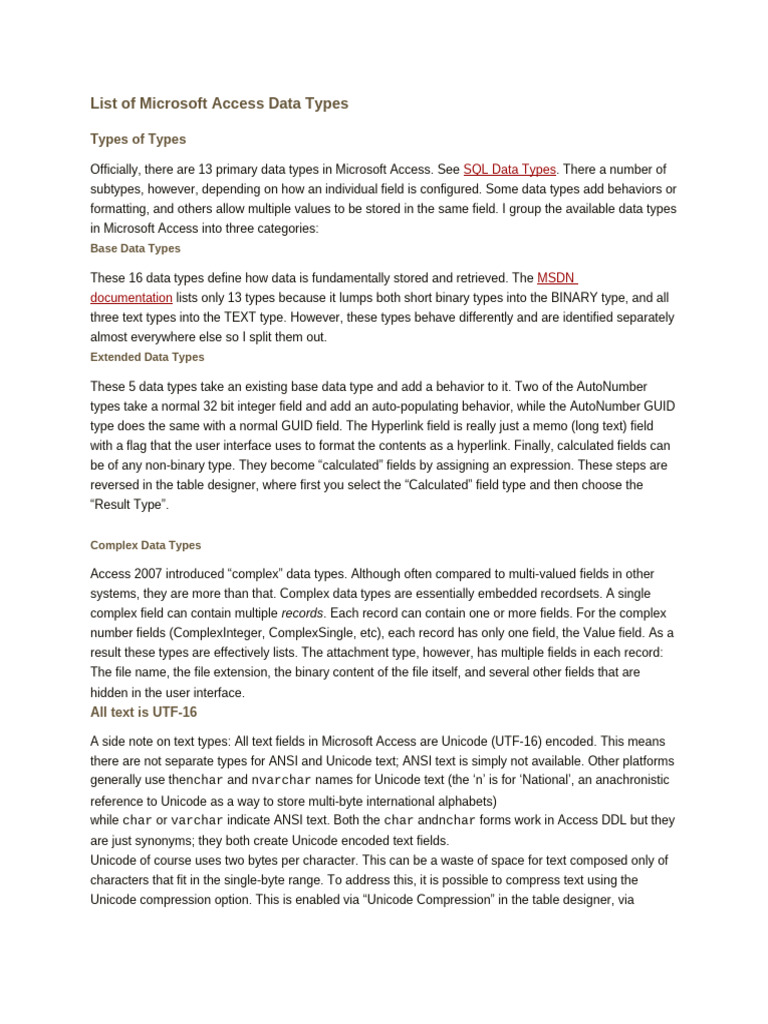 List of Microsoft Access Data Types | PDF | Integer (Computer Science ...