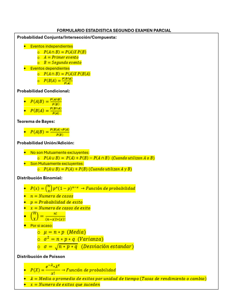Formulario Segundo Examen Parcial | PDF