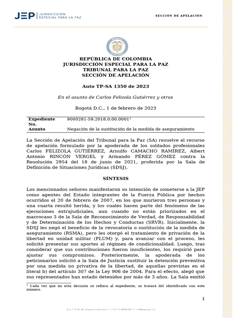 Apelación de Medida de Aseguramiento JEP | PDF | Apelación | Coronel