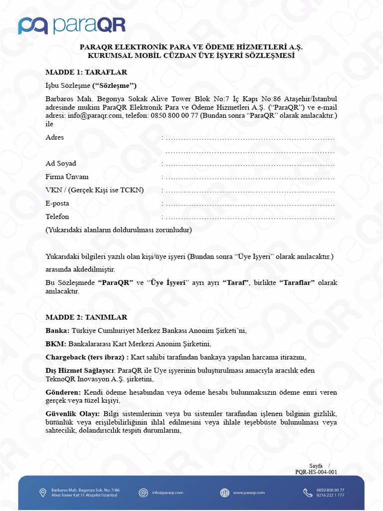 Kurumsal Mobil Cüzdan Üye İş Yeri Sözleşmesi | PDF