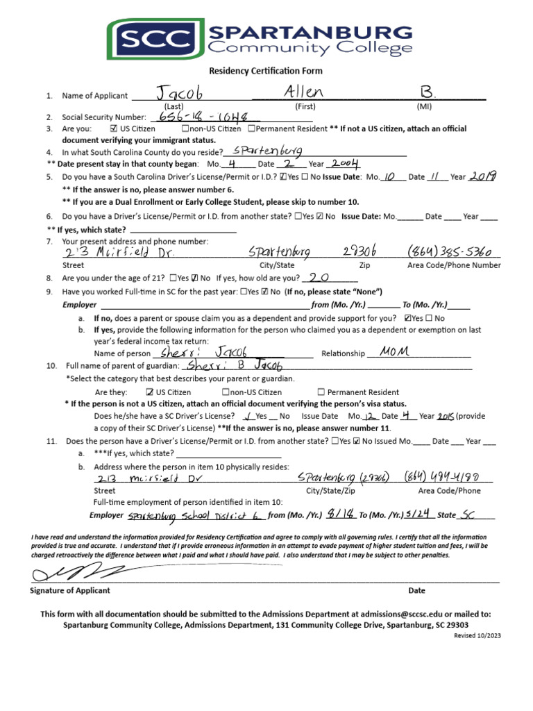 South Carolina Residency Certification Form | PDF | Identity Document ...