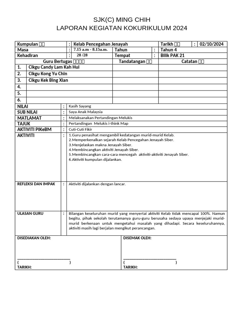 SJK (C) Ming Chih Laporan Kegiatan Kokurikulum 2024: 7.15 A.M - 8.15a.m ...