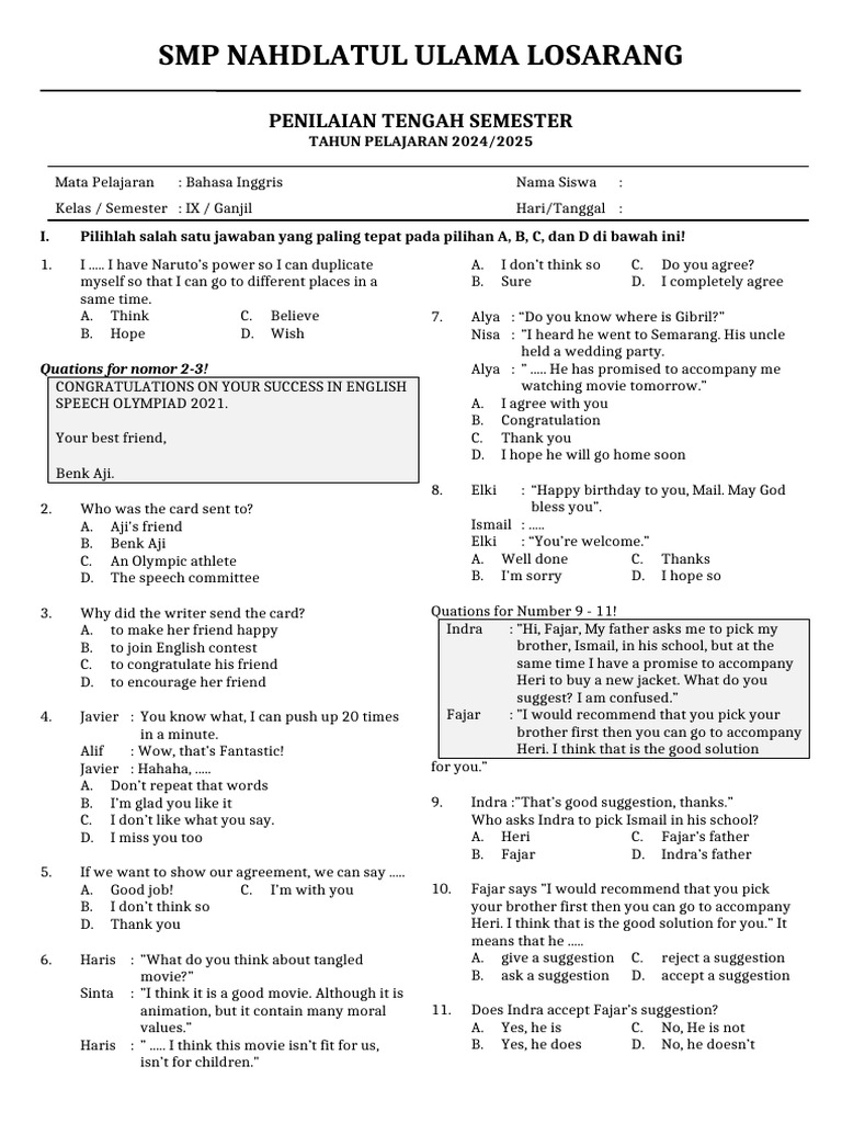 PTS B.INGGRIS KELAS IX 2024 | PDF