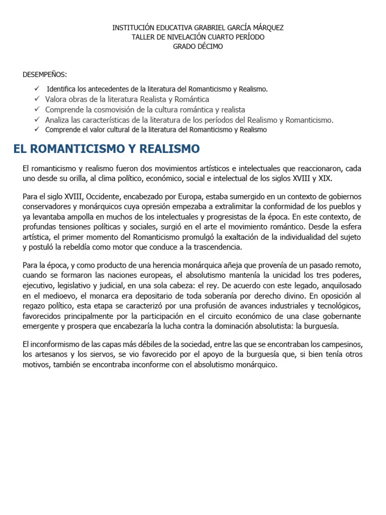 Taller Nivelación Cuarto Período 10 °sobre Romanticismo y Realismo ...