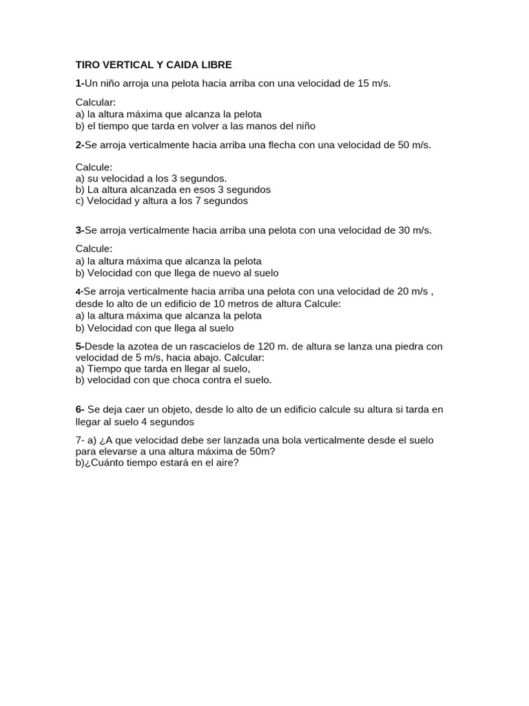 TIRO_VERTICAL_Y_CAIDA_LIBRE_ejercicios | PDF