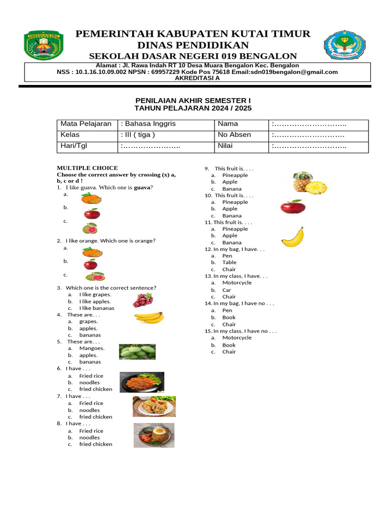 Soal Bahasa Inggris KLS 3 | PDF | Fruit | Edible Fruits