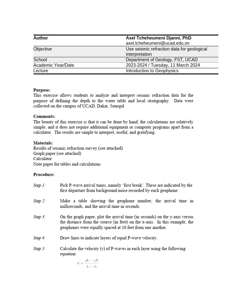 Seismic Refraction Exercise For Master1 | PDF | Geology | Earth Sciences