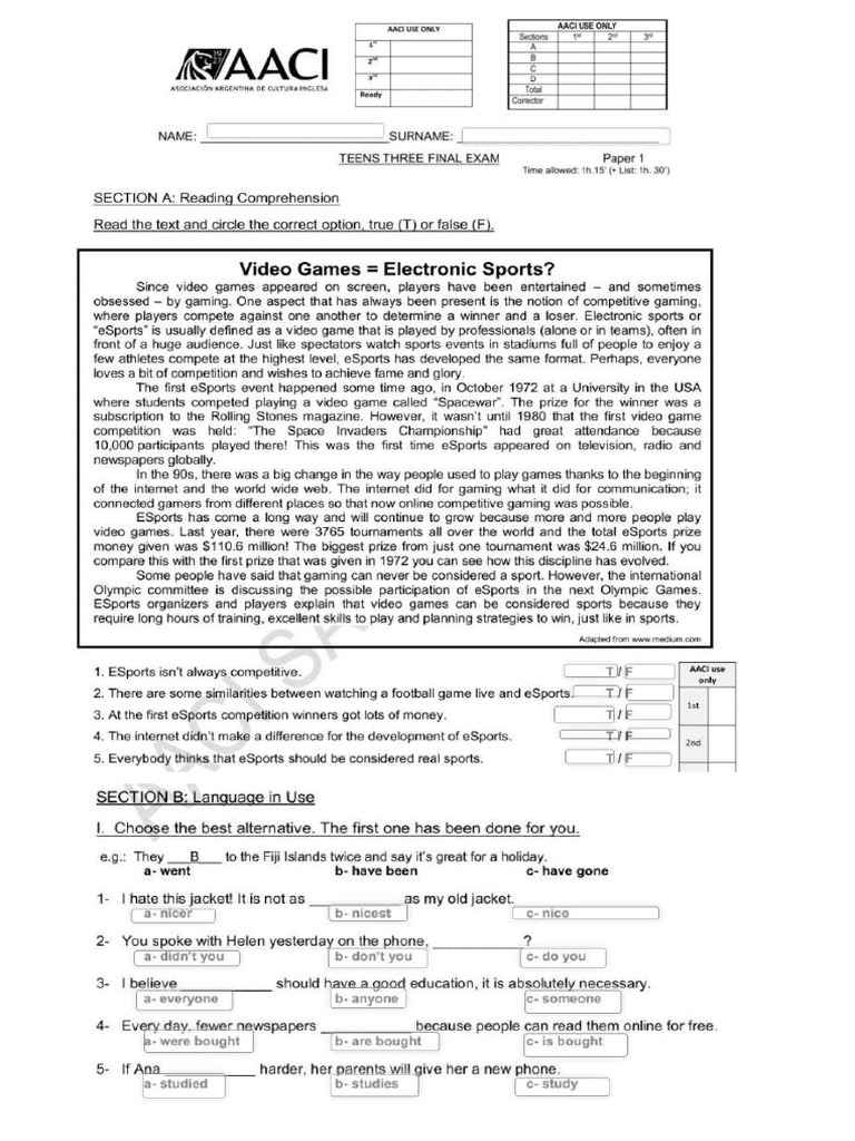 Teens 3 (Mock Exam 1) | PDF