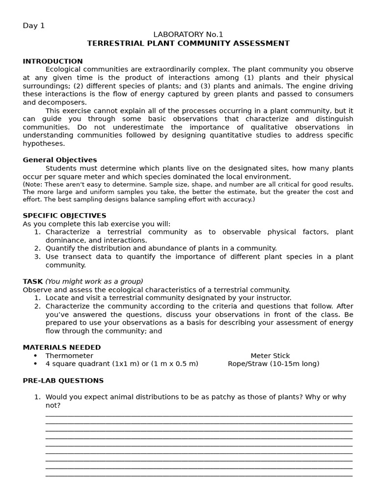Lab 1 - Terrestrial Plant Community Assessment | PDF | Ecology ...