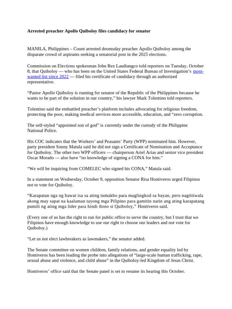 Quiboloy Runs for Senator Amid Controversy | PDF | Politics | Social ...