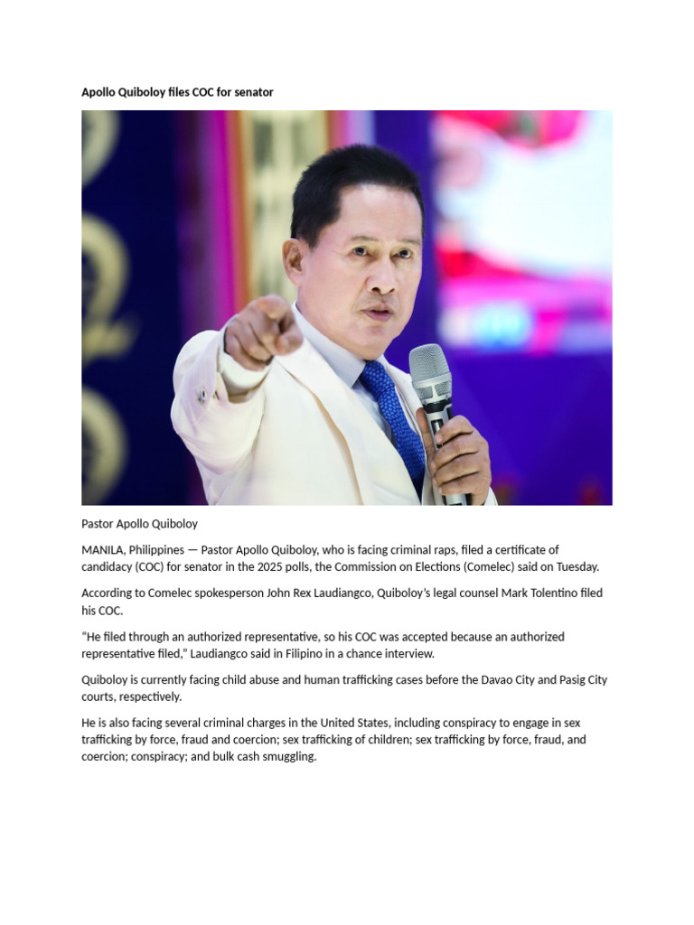 Quiboloy Files COC for Senate 2025 | PDF | Law