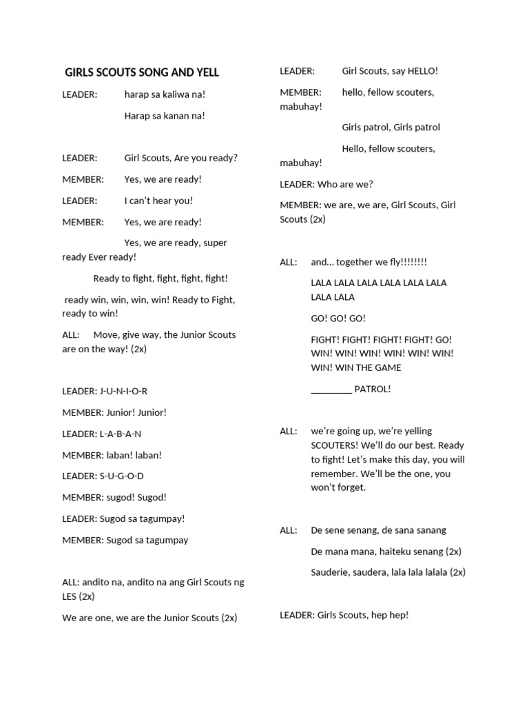 Girl Scout Yells and Songs Collection | PDF | Scouting | Youth Movements