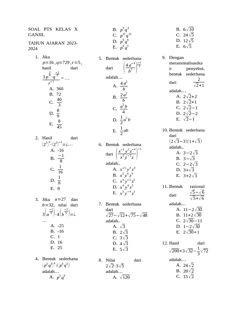 Soal PTS Kelas X Ganjil 2023 | PDF
