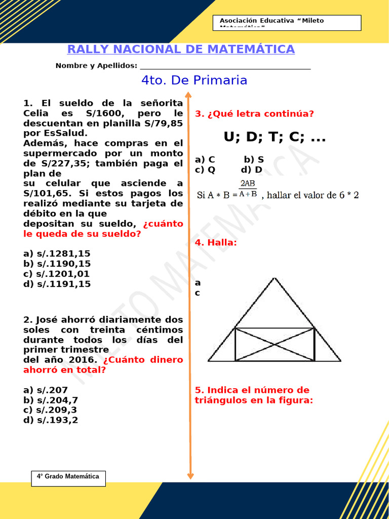 Examen 4to. Matematica Prim - 11.11.23 | PDF | Métodos y materiales de enseñanza
