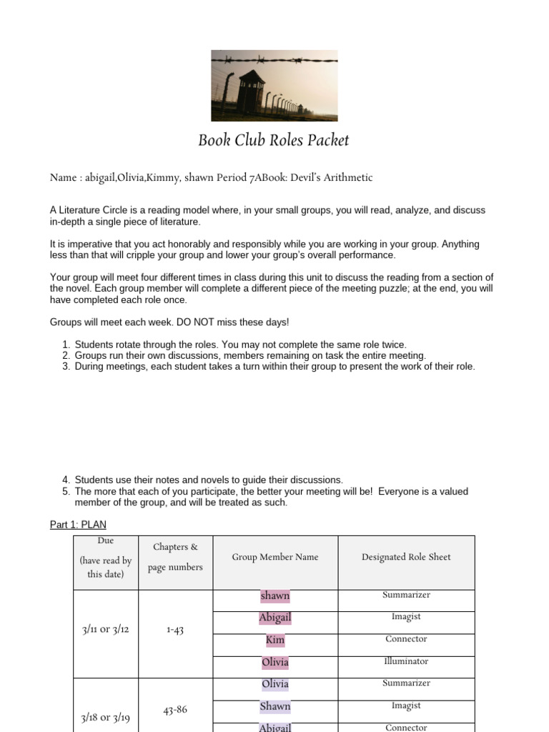 #3 - The Devil's Arithmetic 7A - WWII Literature Circle Roles | PDF ...
