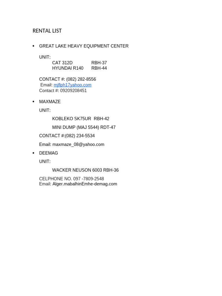 Rental List | PDF