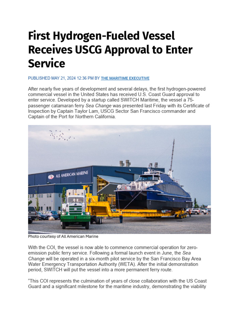 First Hydrogen Vessel gets USCG Approval May-2024 | PDF | Transport ...