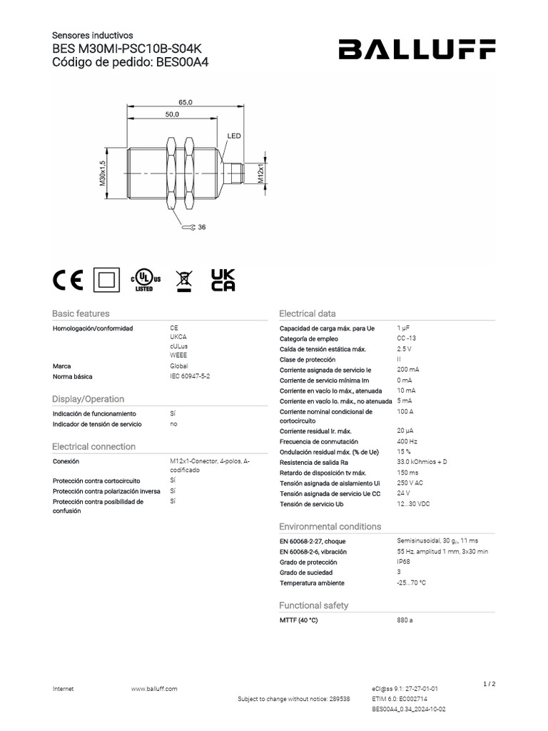 Datasheet BES00A4 289538 Es | PDF | Metrología | Componentes eléctricos