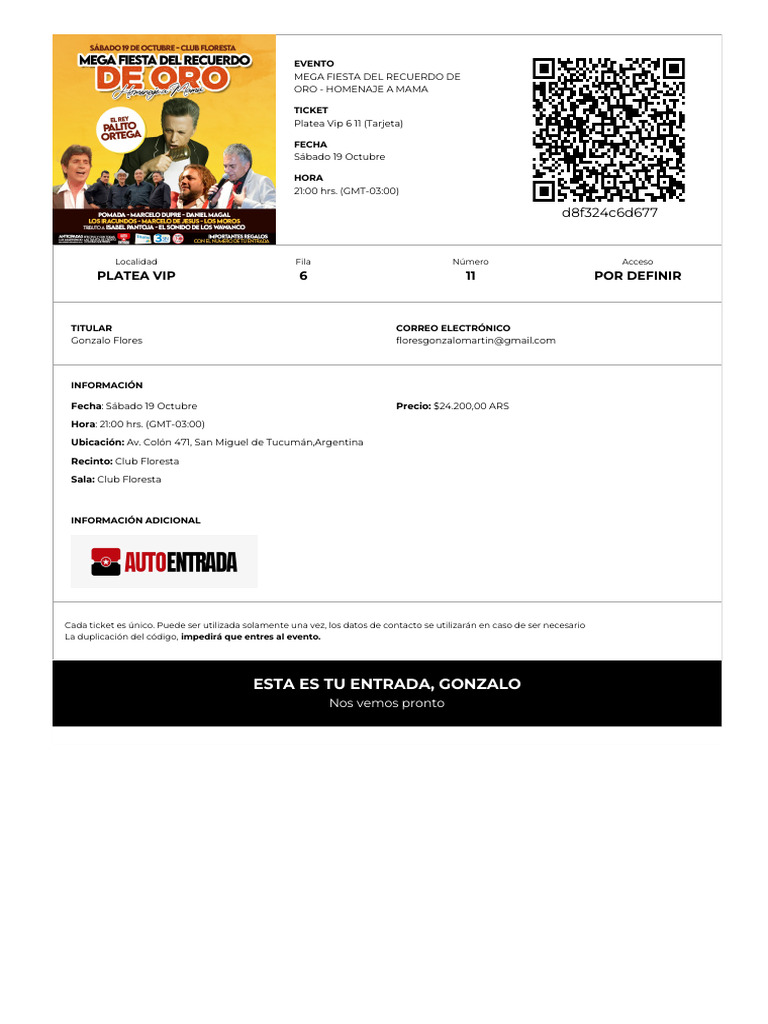 Platea Vip 6 11 Por Definir: Esta Es Tu Entrada, Gonzalo | PDF