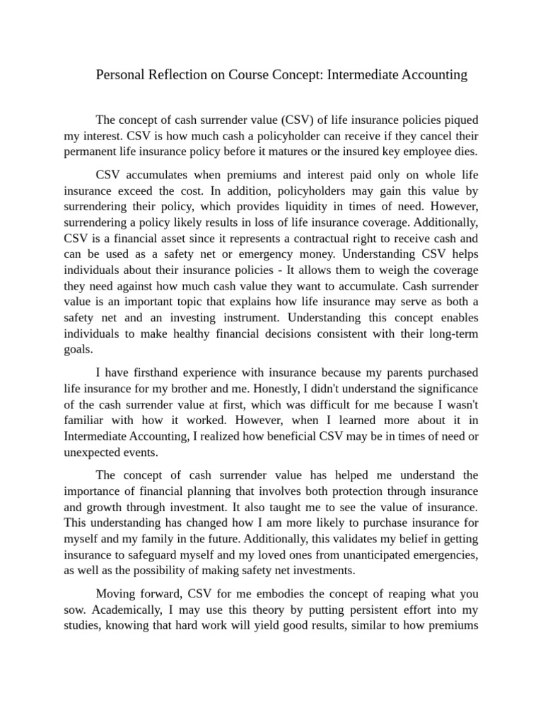 Personal Reflection On Course Concept | PDF | Insurance | Life Insurance