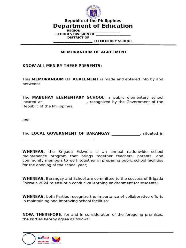 Brigada Eskwela 2024 MOA Template | PDF