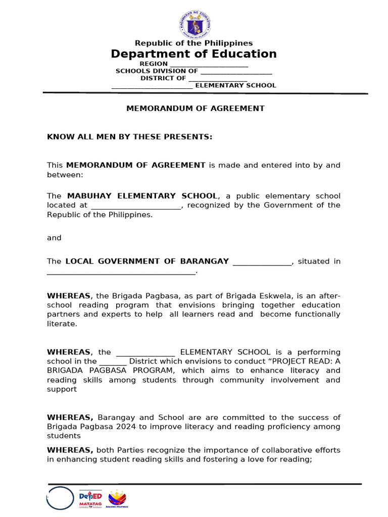 BE - Memorandum of Agreement (MOA) Sample 2 | PDF | Literacy | Learning