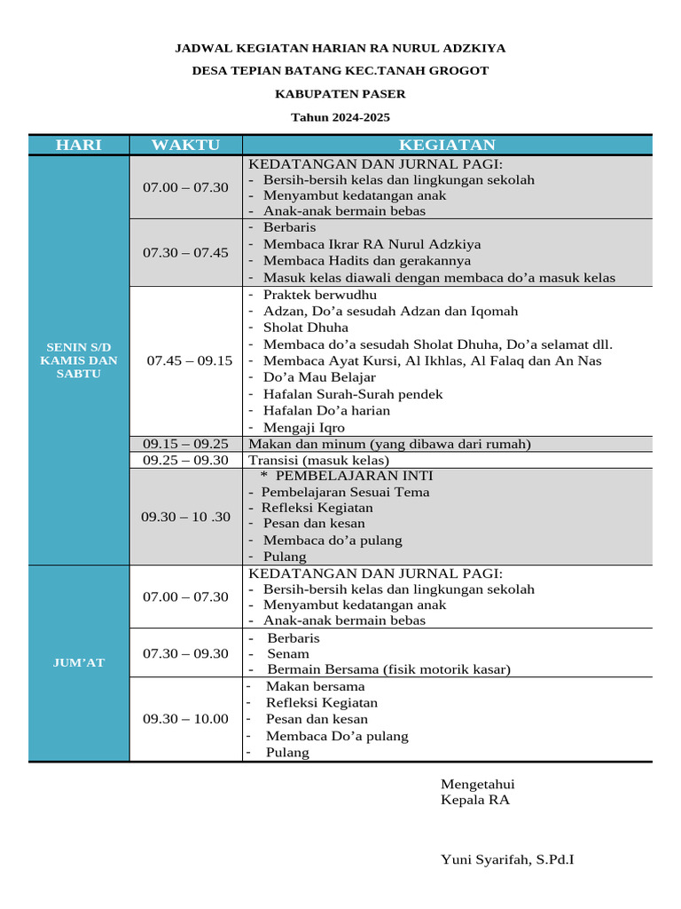 Jadwal Kegiatan Ra Nurul Adzkiya | PDF