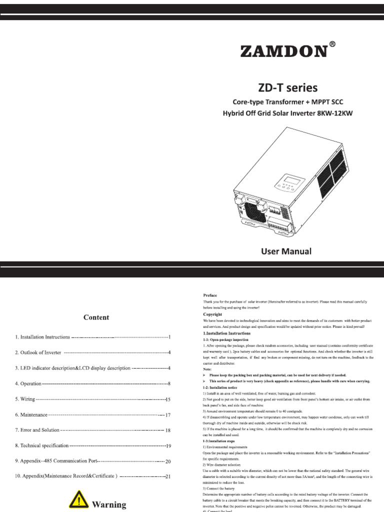 ZD T (8KW 12KW) Hybrid Off Grid Solar Inverter User Manual | PDF