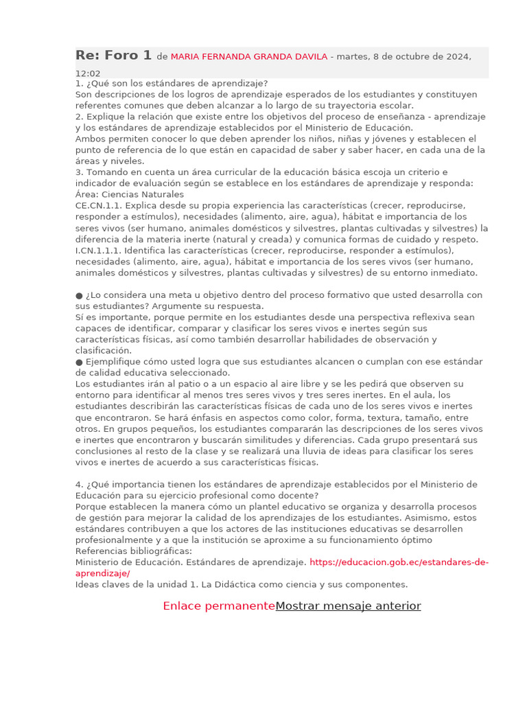 Re - Foro 1 de MARIA FERNANDA GRANDA DAVILA | PDF | Aprendizaje | Cognición