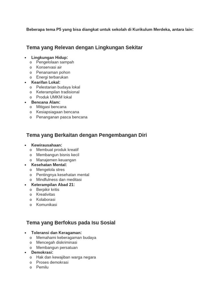 Beberapa Tema P5 Yang Bisa Diangkat Untuk Sekolah Di Kurikulum Merdeka ...