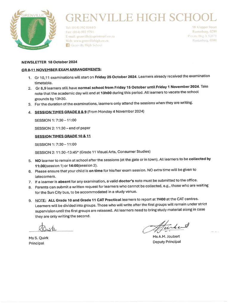 GR 8 - 11 Exam Arrangements Nov 2024 | PDF