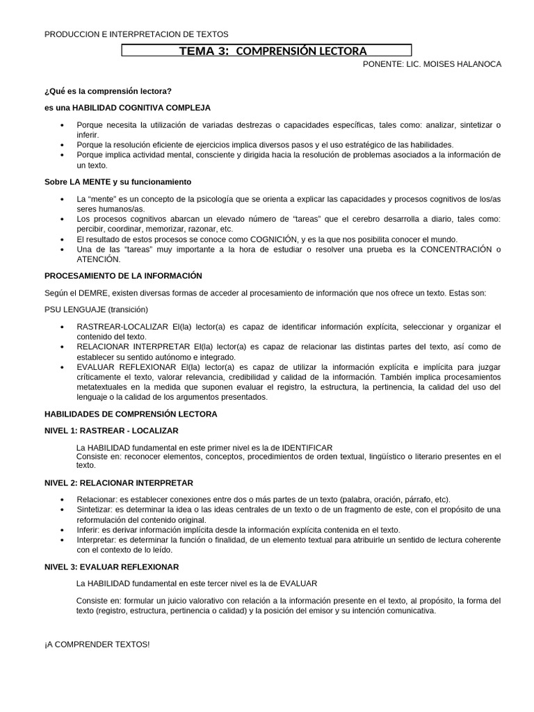 Tema 3 Comprension Lectora | PDF | Comprensión lectora | Cognición
