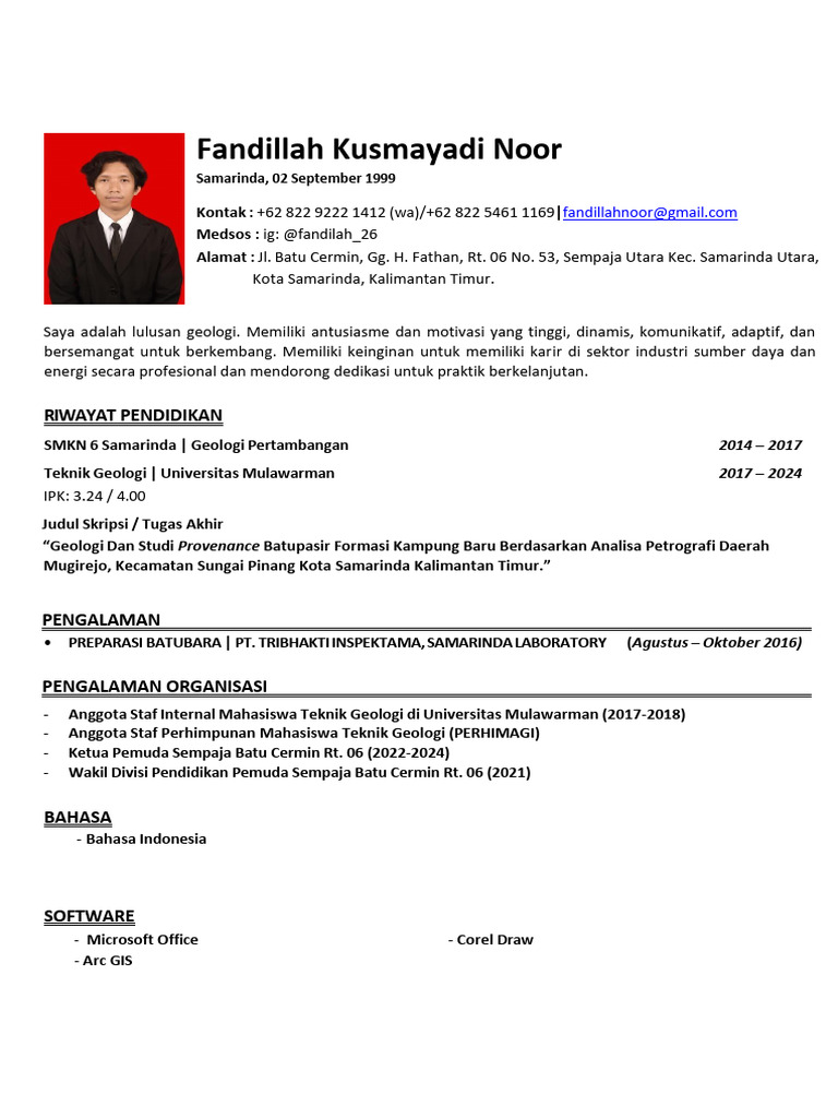 CV Fandillah Kusmayadi Noor 2024 | PDF