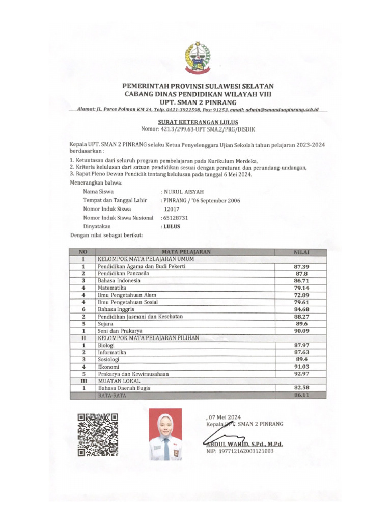 Surat Keterangan Lulus SMA Nurul Aisyah | PDF