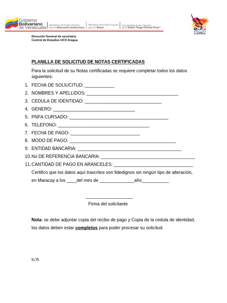 Planilla de Solicitud de Notas Certificadas Pnfa Con Pago de Aranceles | PDF