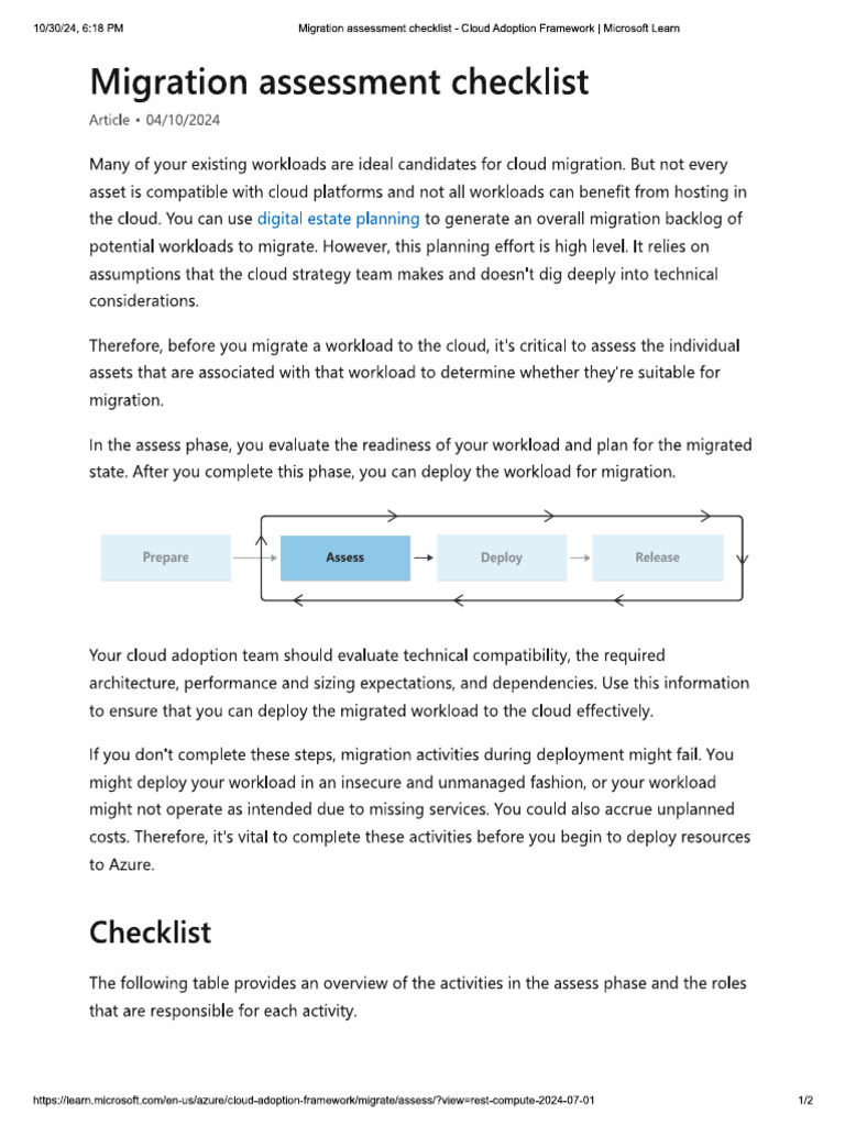 Migration Assessment Checklist | PDF